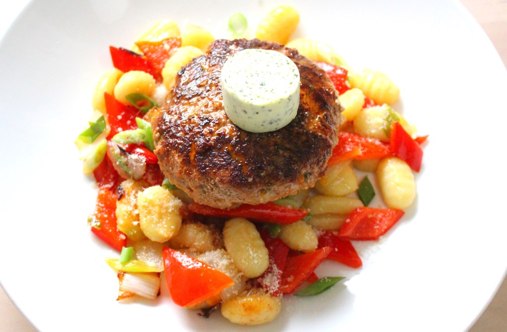 German Veal-Burger with Garlic/Herb Butter, Gnocchi, Peppers & Onions ...