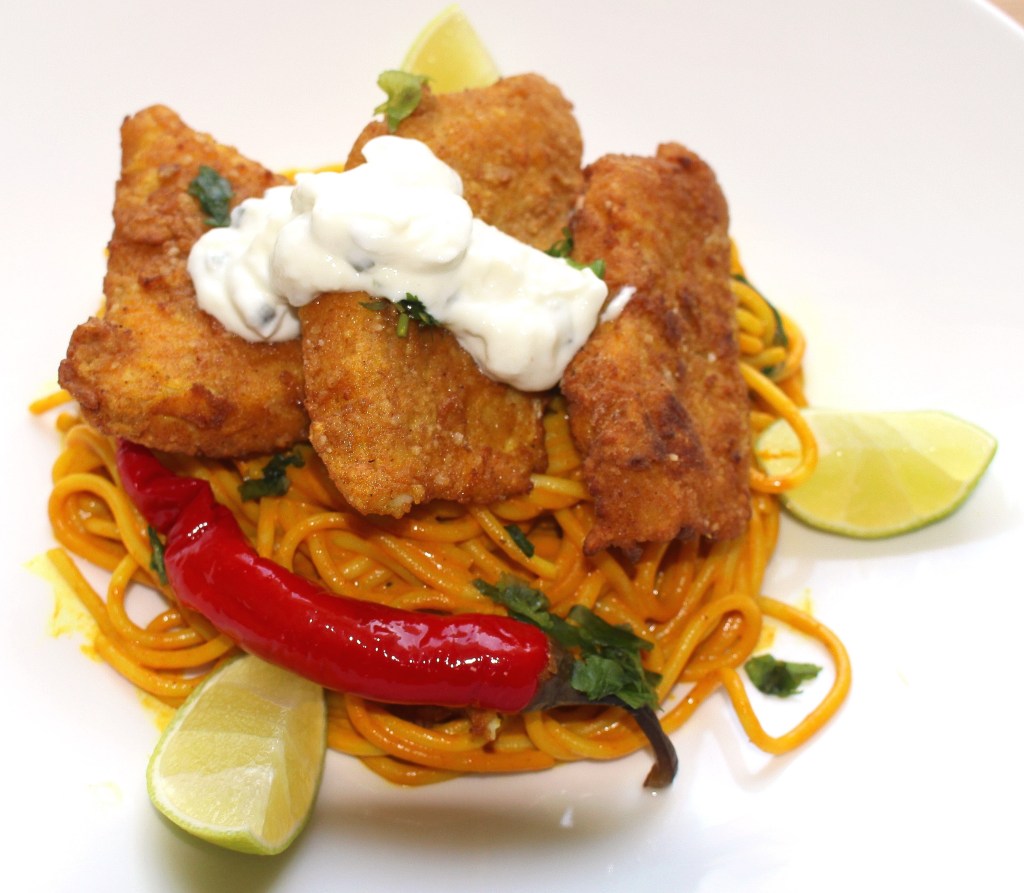 “Fried Fish Dabbawalla” – Ocean Perch, Curried Noodles, And Mint Yogurt ...
